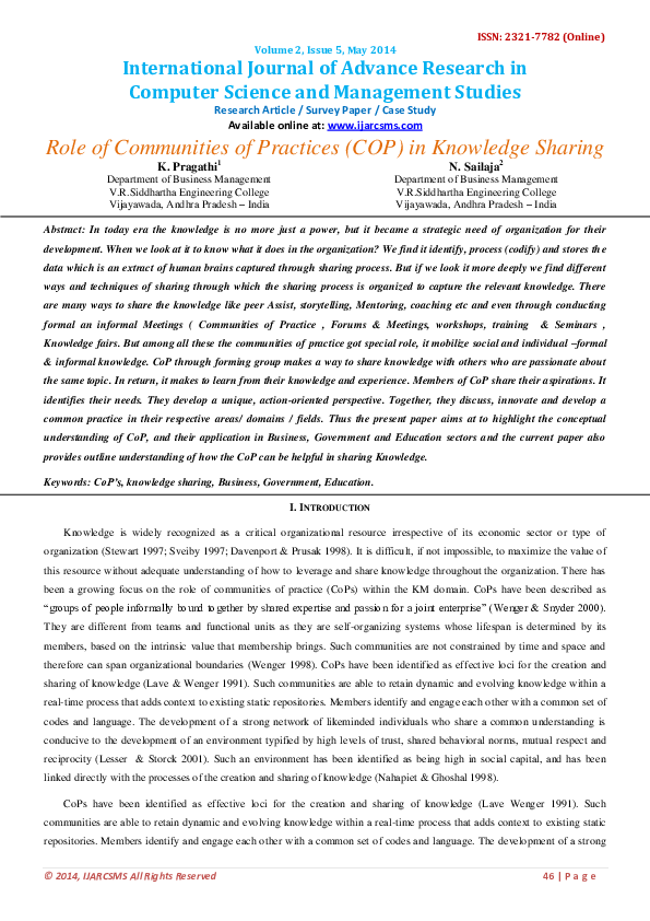 (PDF) Role of Communities of Practices (COP) in Knowledge Sharing
