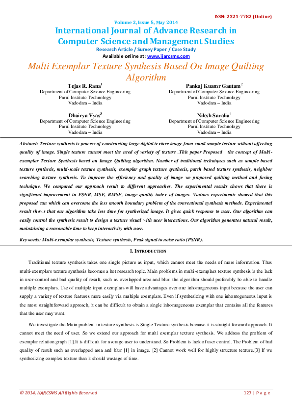 Pdf Multi Exemplar Texture Synthesis Based On Image Quilting Algorithm