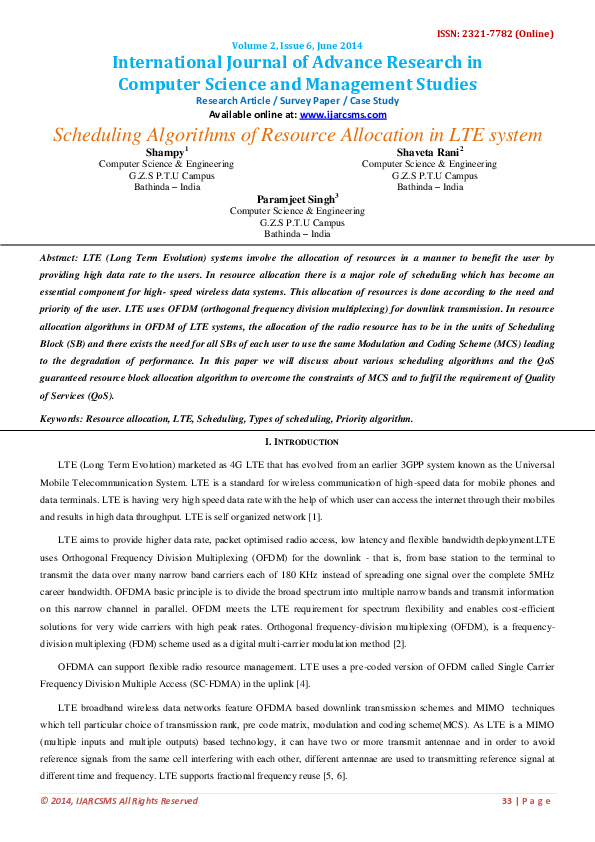 (PDF) Scheduling Algorithms of Resource Allocation in LTE system