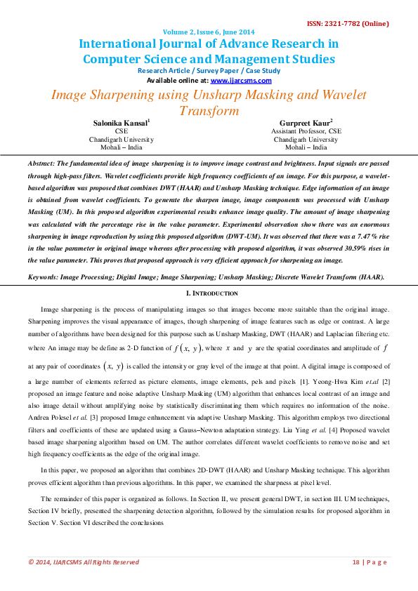 (PDF) Image Sharpening using Unsharp Masking and Wavelet Transform