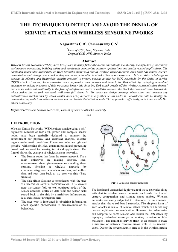 Pdf The Technique To Detect And Avoid The Denial Of Service Attacks In Wireless Sensor Networks
