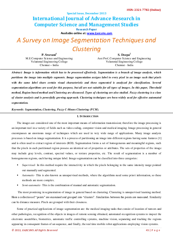 (PDF) A Survey on Image Segmentation Techniques and Clustering