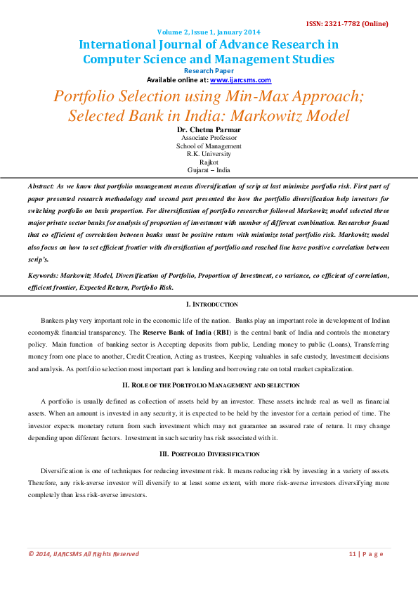(PDF) Portfolio Selection using Min-Max Approach; Selected Bank in India: Markowitz Model