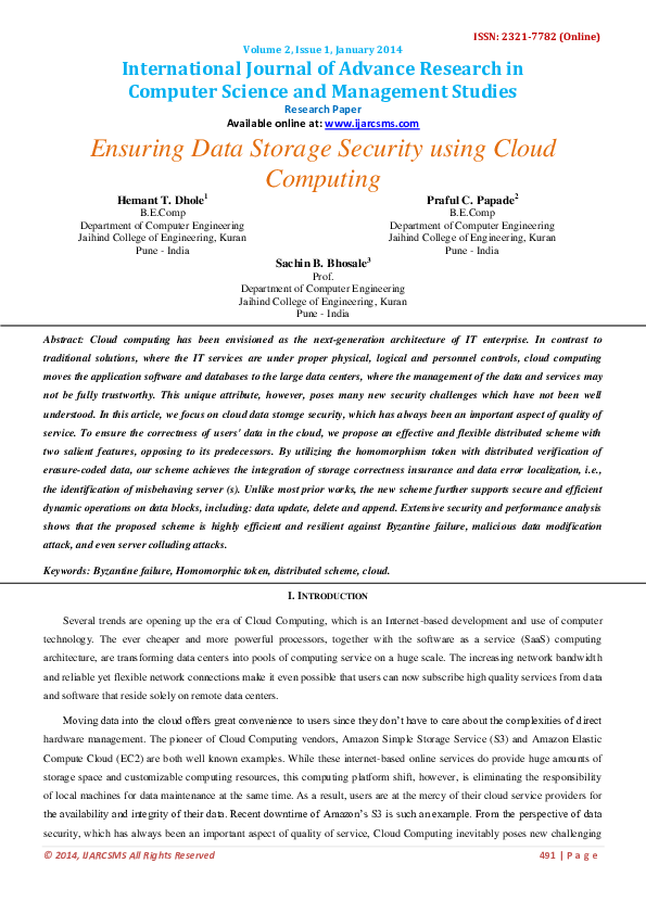 (PDF) Ensuring Data Storage Security using Cloud Computing