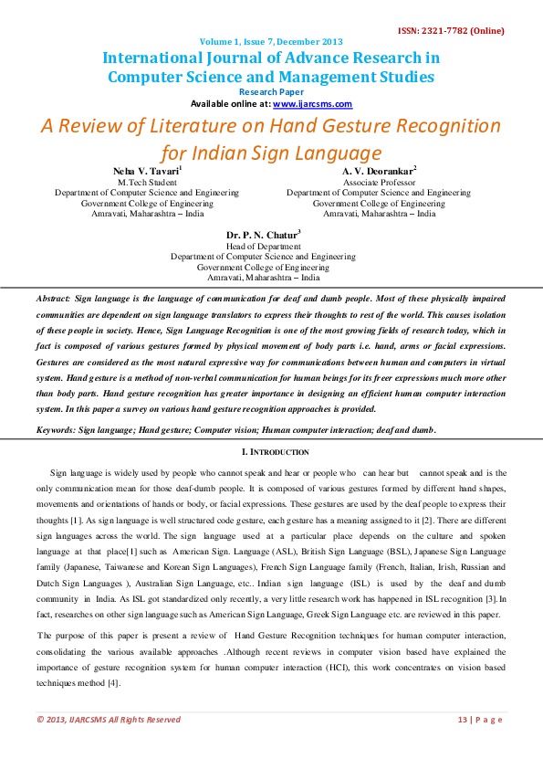 A Review of Literature on Hand Gesture Recognition for Indian Sign Language