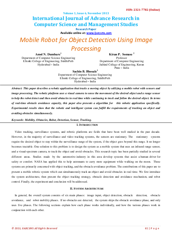 Pdf Mobile Robot For Object Detection Using Image Processing