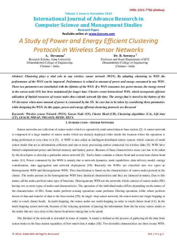 (PDF) A Study of Power and Energy Efficient Clustering Protocols in Wireless Sensor Networks