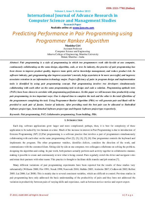 Pdf Predicting Performance In Pair Programming Using Programmer Ranker Algorithm 