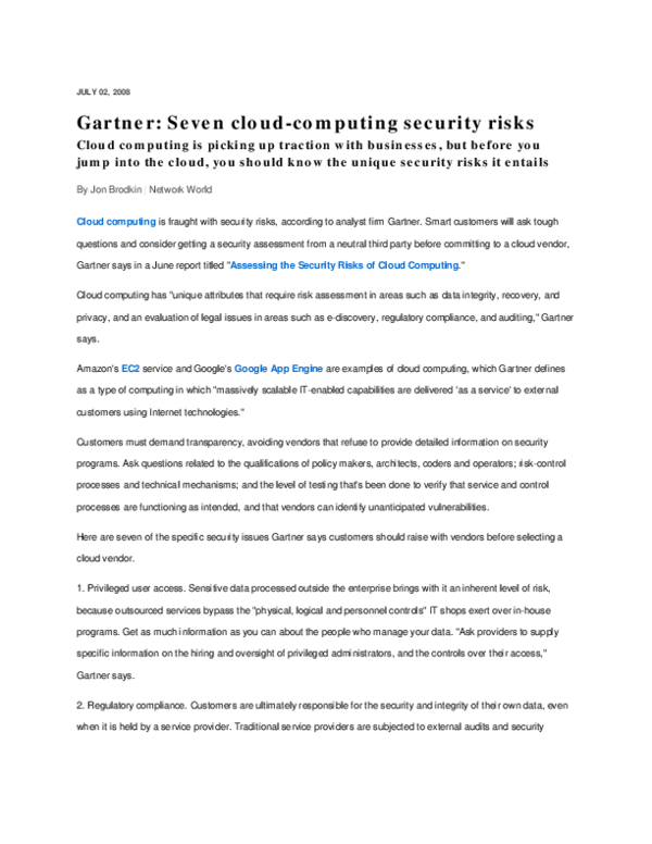 (PDF) Gartner: Seven cloud-computing security risks