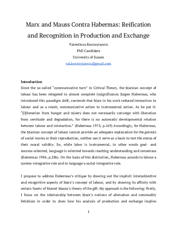 (PDF) Marx and Mauss Contra Habermas: Reification and Recognition in ...