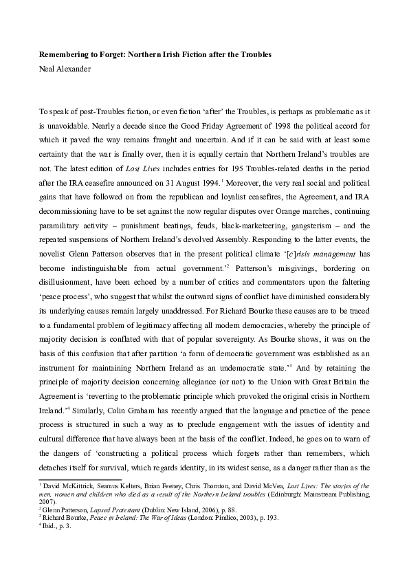 (DOC) Remembering to Forget: Northern Irish Fiction After the Troubles