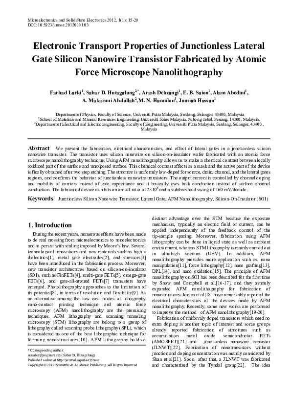 (PDF) Electronic Transport Properties of Junctionless Lateral Gate Silicon Nanowire Transistor ...