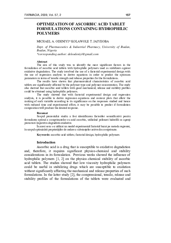 (PDF) OPTIMIZATION OF ASCORBIC ACID TABLET FORMULATIONS CONTAINING ...
