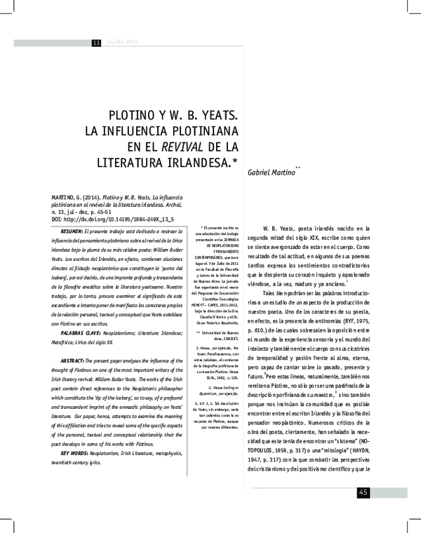 (PDF) PLOTINO Y W. B. YEATS. LA INFLUENCIA PLOTINIANA EN EL REVIVAL DE LA LITERATURA IRLANDESA ...