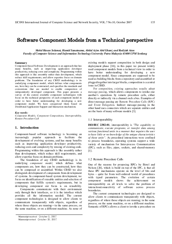 (PDF) Software Component Models from a Technical perspective