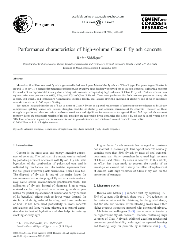 (PDF) Performance characteristics of high-volume Class F fly ash concrete