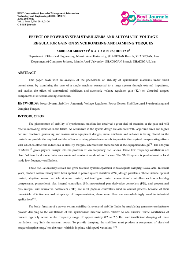 (PDF) EFFECT OF POWER SYSTEM STABILIZERS AND AUTOMATIC VOLTAGE REGULATOR GAIN ON SYNCHRONIZING ...
