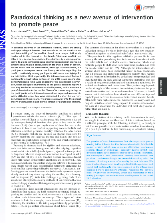 (PDF) Paradoxical thinking as a new avenue of intervention to promote peace