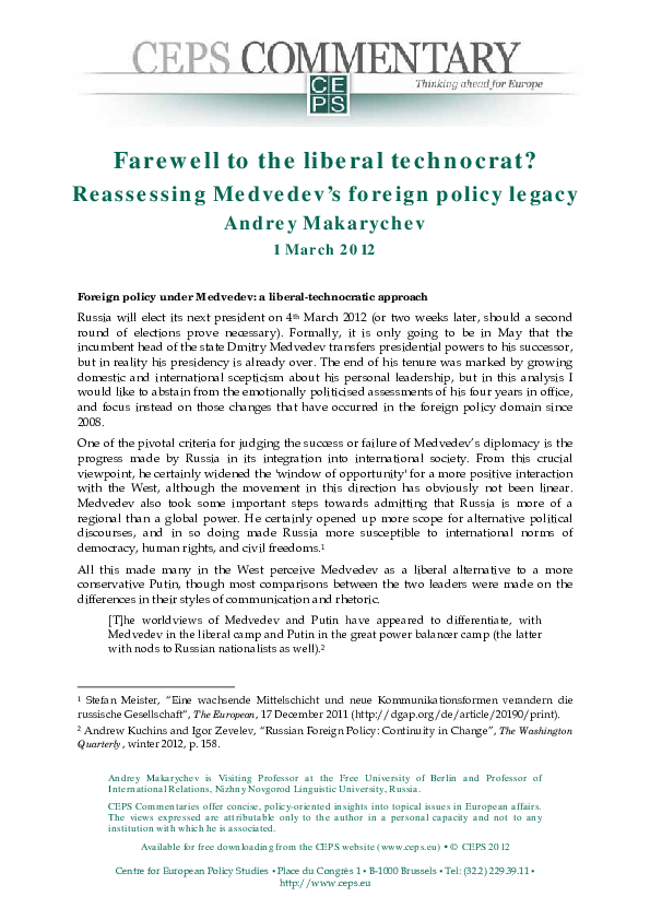(PDF) Farewell to the liberal technocrat? Reassessing Medvedev's ...