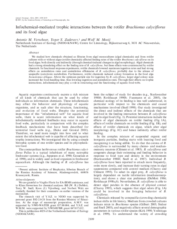 Pdf Infochemical Mediated Trophic Interactions Between The Rotifer