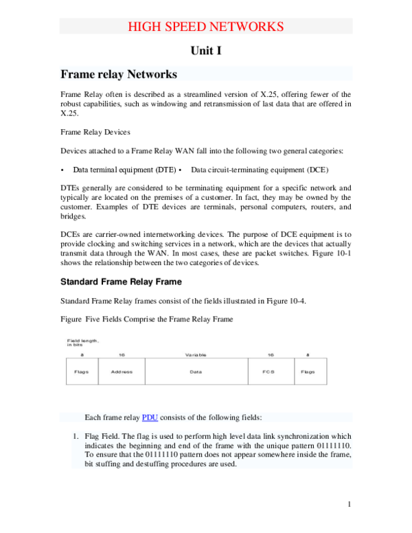(PDF) HIGH SPEED NETWORKS Unit I Frame relay Networks Standard Frame Relay Frame
