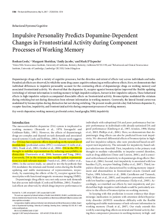 (PDF) Impulsive personality predicts dopamine-dependent changes in frontostriatal activity ...