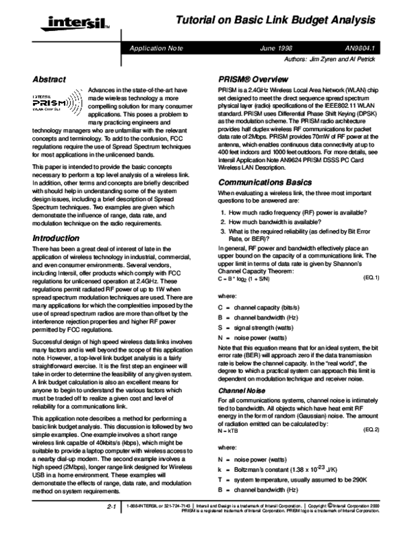 (PDF) Tutorial on Basic Link Budget Analysis