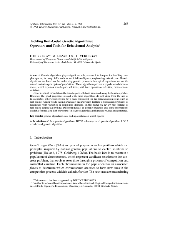 (PDF) Tackling Real-Coded Genetic Algorithms: Operators and Tools for Behavioural Analysis ...