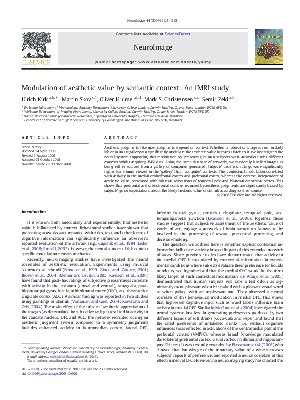 (PDF) Modulation of aesthetic value by semantic context: An fMRI study