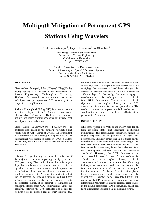 (PDF) Multipath Mitigation of Permanent GPS Stations Using Wavelets
