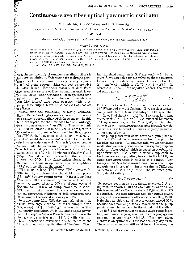 Pdf Continuous Wave Fiber Optical Parametric Oscillator