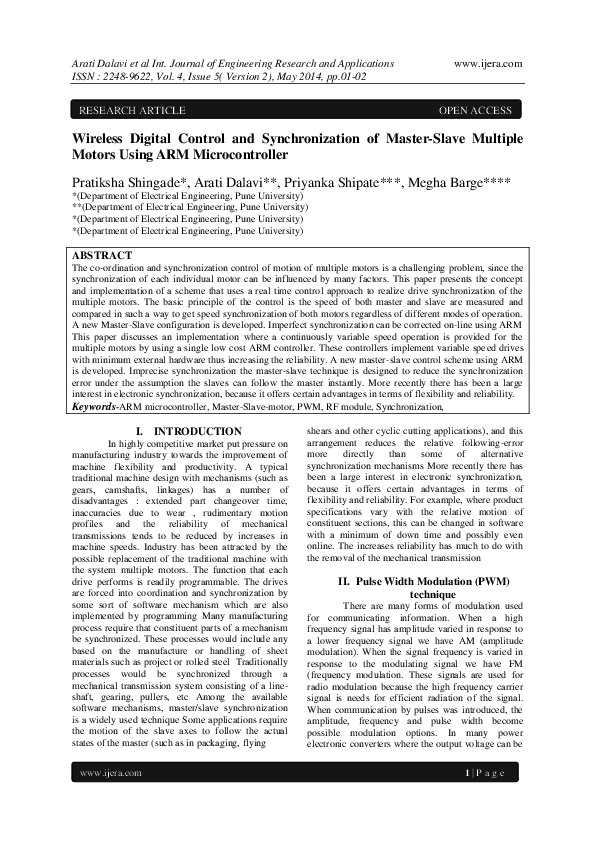 (PDF) Wireless Digital Control and Synchronization of Master-Slave Multiple Motors Using ARM ...