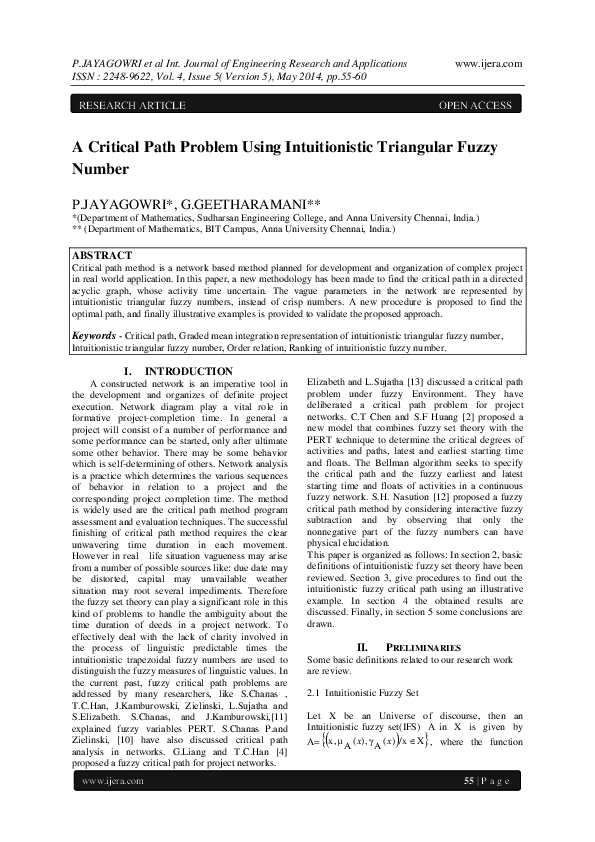 Pdf A Critical Path Problem Using Intuitionistic Triangular Fuzzy Number
