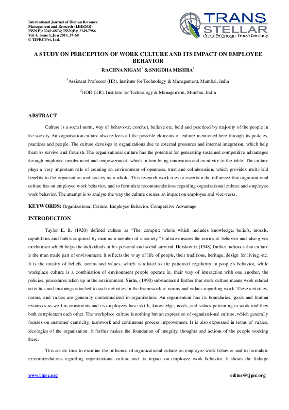 (PDF) A Study on Perception of Work Culture and Its Impact on Employee ...