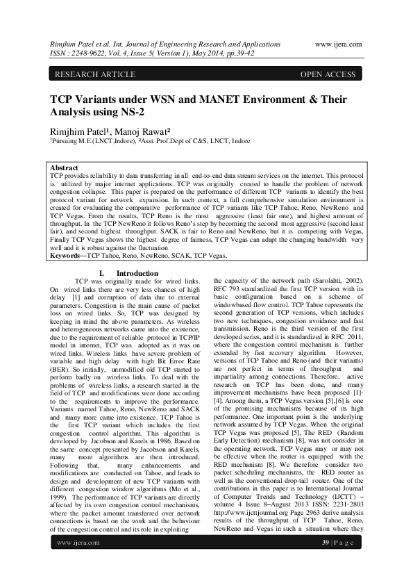 Pdf Tcp Variants Under Wsn And Manet Environment And Their Analysis Using Ns 2 2375