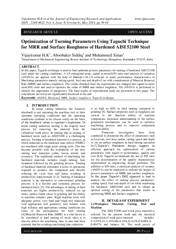 Pdf Optimization Of Turning Parameters Using Taguchi Technique For