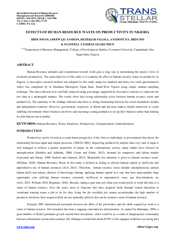 (PDF) Effects of Human Resource Waste on Productivity in Nigeria