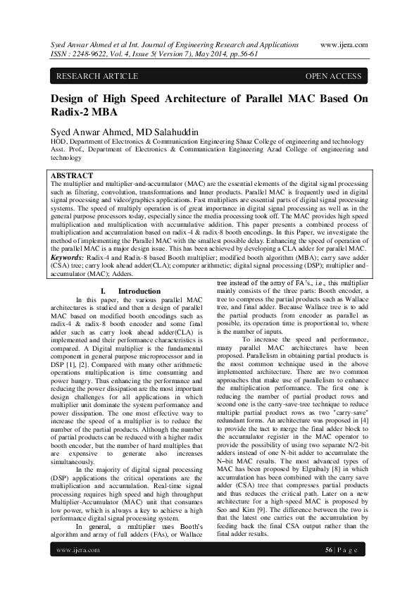 (PDF) Design of High Speed Architecture of Parallel MAC Based On Radix-2 MBA