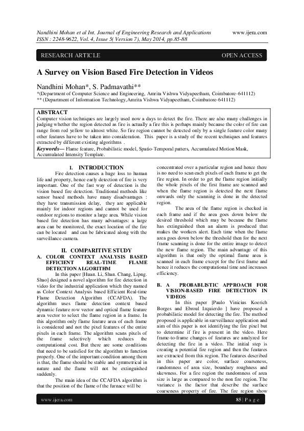 (PDF) A Survey on Vision Based Fire Detection in Videos