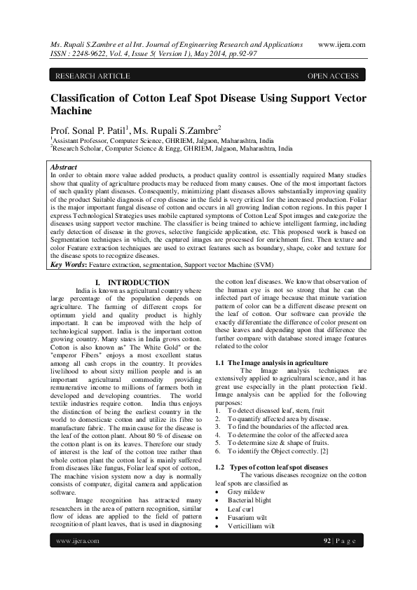 (PDF) Classification of Cotton Leaf Spot Disease Using Support Vector ...