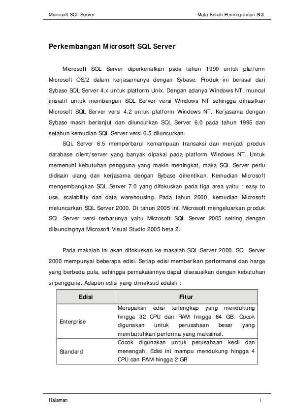 (PDF) Microsoft SQL Server Perkembangan Microsoft SQL Server