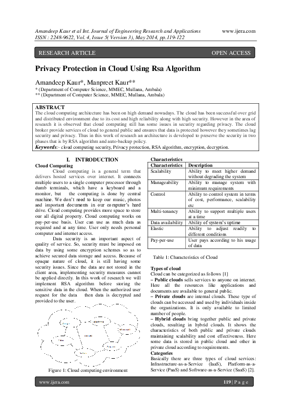 Pdf Privacy Protection In Cloud Using Rsa Algorithm 9295