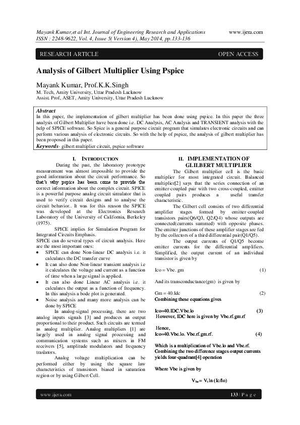 (PDF) Analysis of Gilbert Multiplier Using Pspice