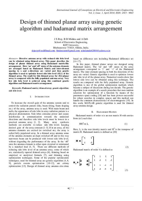 Pdf Design Of Thinned Planar Array Using Genetic Algorithm And Hadamard Matrix Arrangement