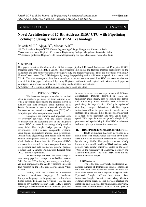 Pdf Novel Architecture Of 17 Bit Address Risc Cpu With Pipelining Technique Using Xilinx In