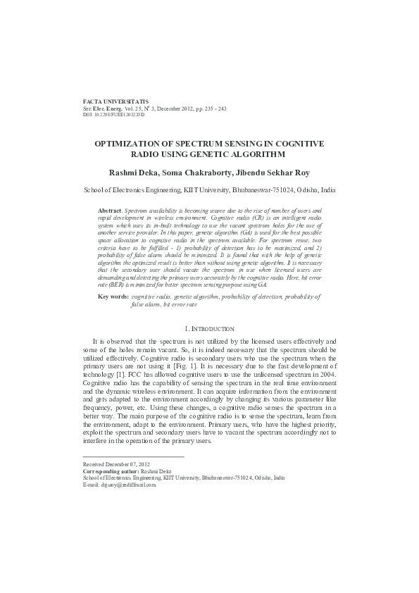 Optimization Of Spectrum Sensing In Cognitive Radio Using Genetic Algorithm