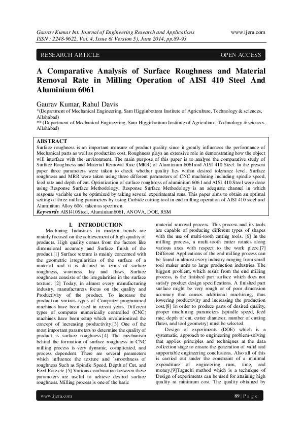 Pdf A Comparative Analysis Of Surface Roughness And Material Removal Rate In Milling Operation