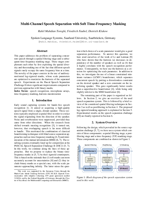 (PDF) MultiChannel Speech Separation with soft Time-Frequency Masking