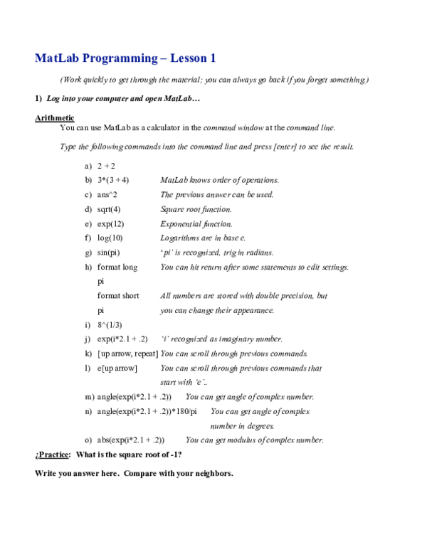 Pdf Matlab Programming Lesson 1