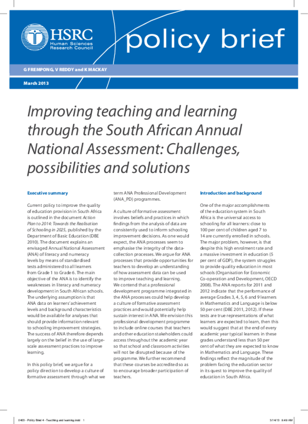 (PDF) HSRC Policy Brief 4 Teaching and learning Finalpp 13Mar2013 final